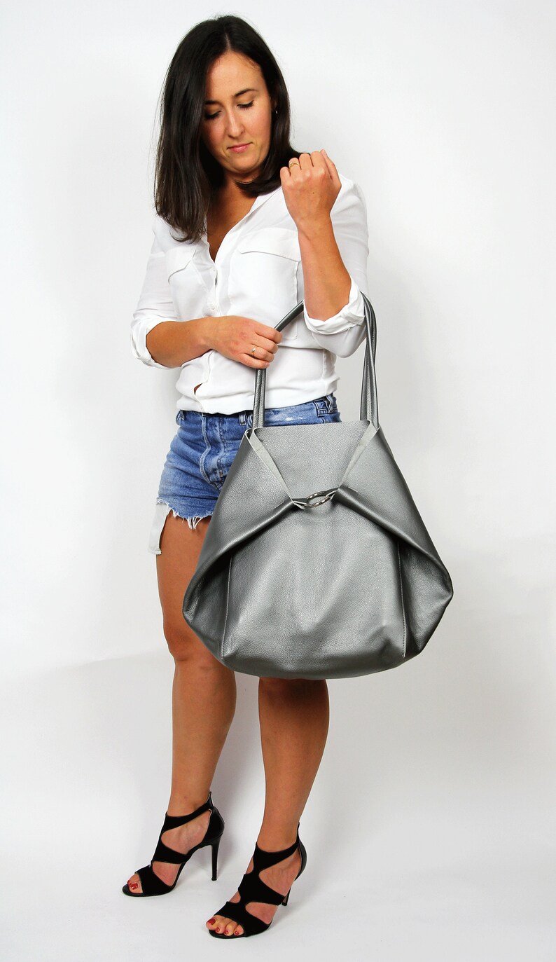 LARGE LEATHER TOTE Shoulder Bag Silver Slouchy Tote Bag Gray - Etsy