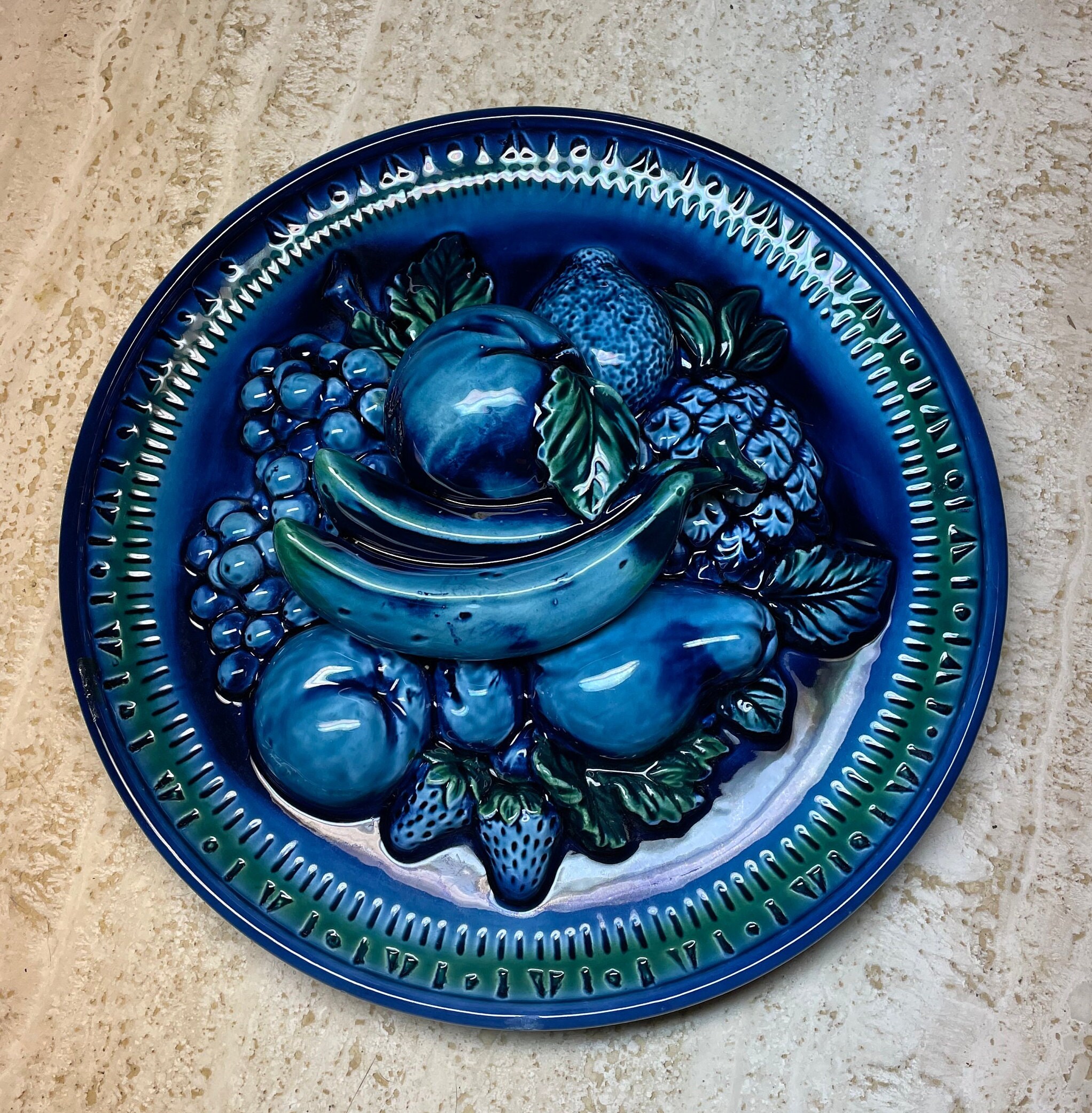 Inarco Majolica Sculpted Plate of Fruit in Mood Indigo - Etsy