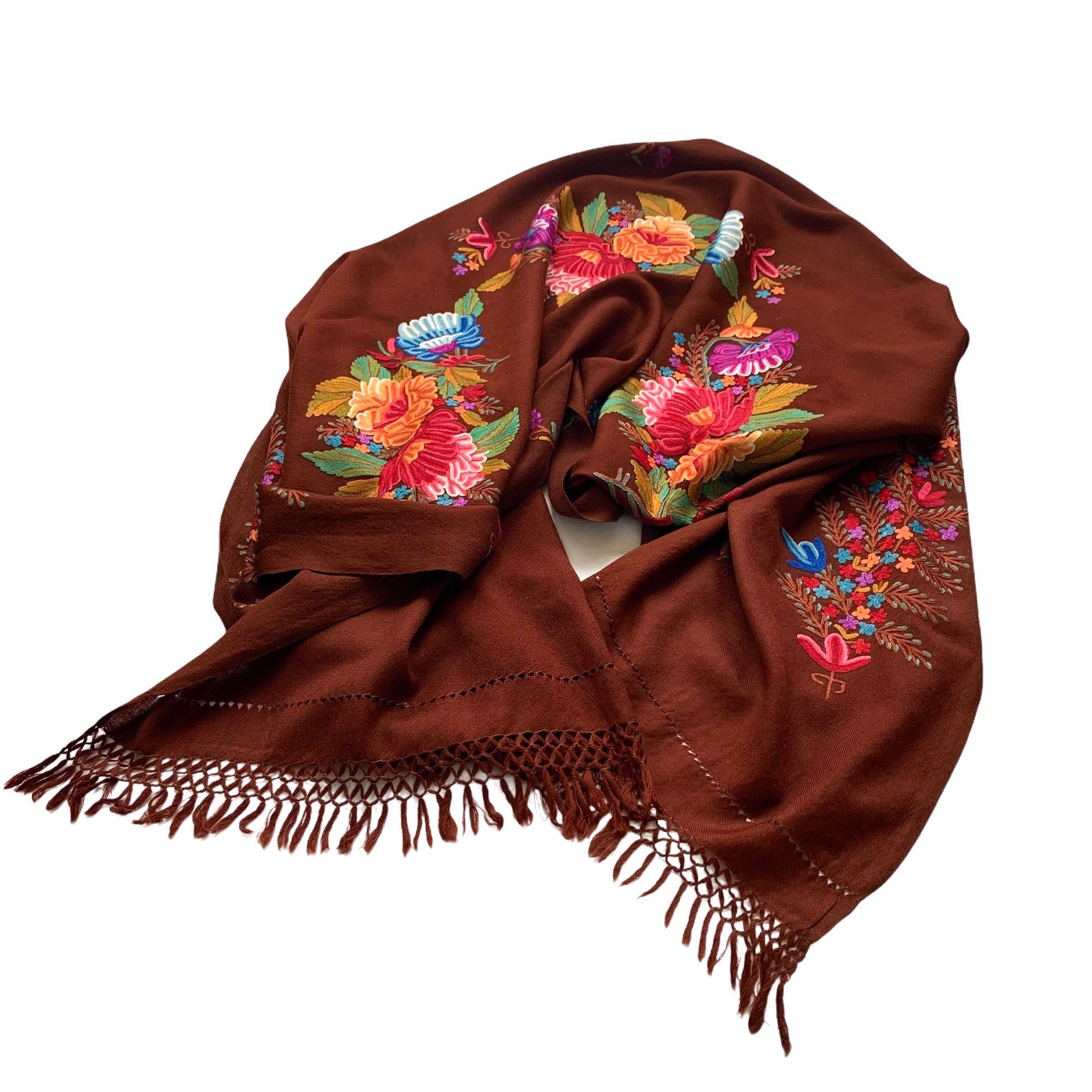 Brown Wool Shawl Silk Hand Embroidered Scarf Stole Women’s Wrap 28x80 ...