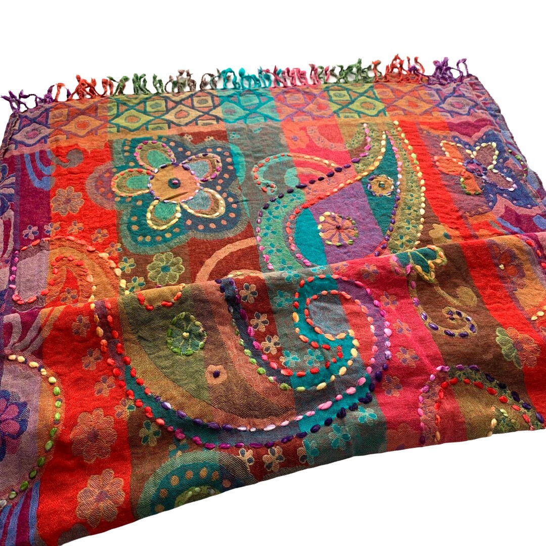 Wool Pashmina Hand Embroidered Shawl Floral Scarf Red Multicolourdchain ...