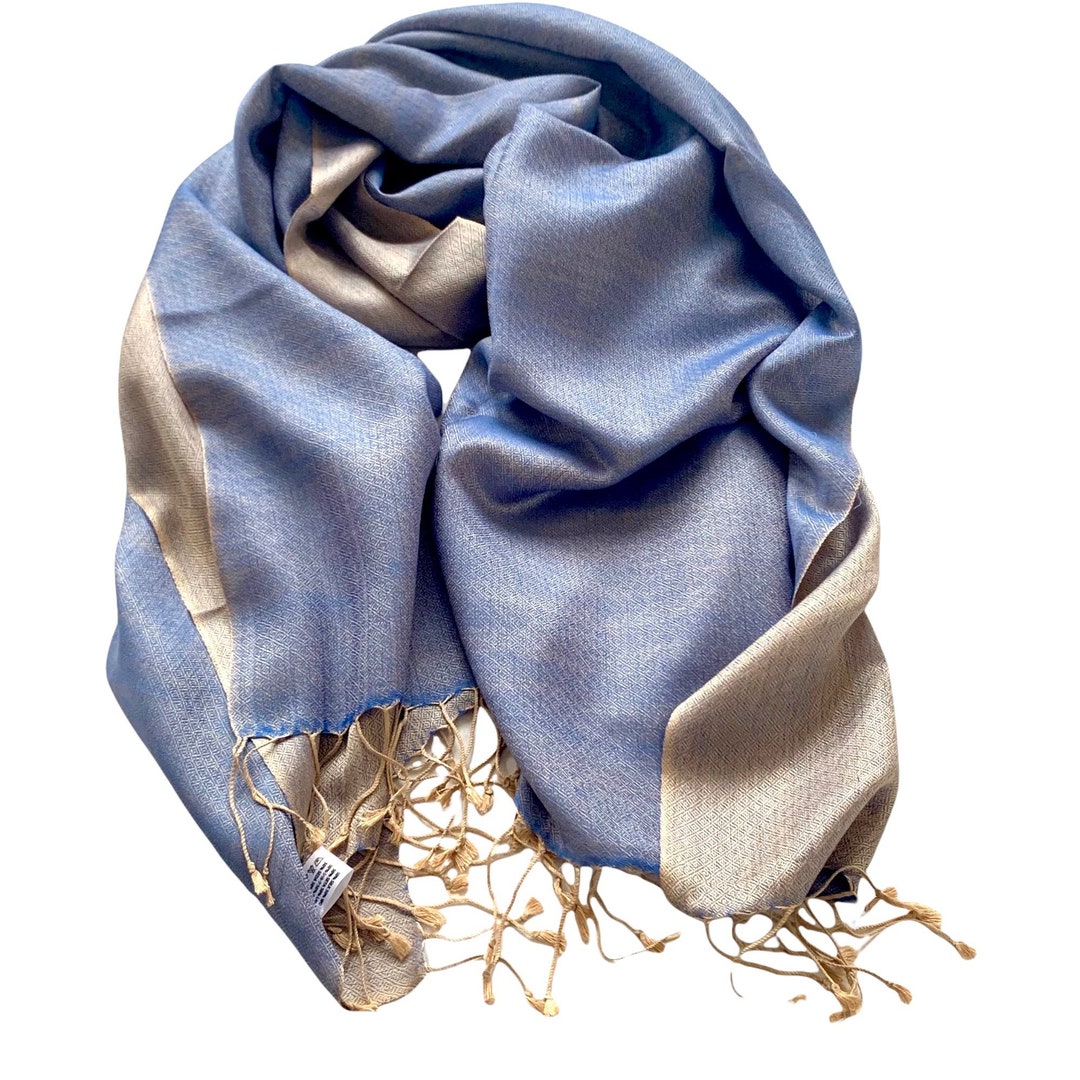 Blue Beige Silkwool Reversible Shawl Wrap Stole 28x80 Inches - Etsy