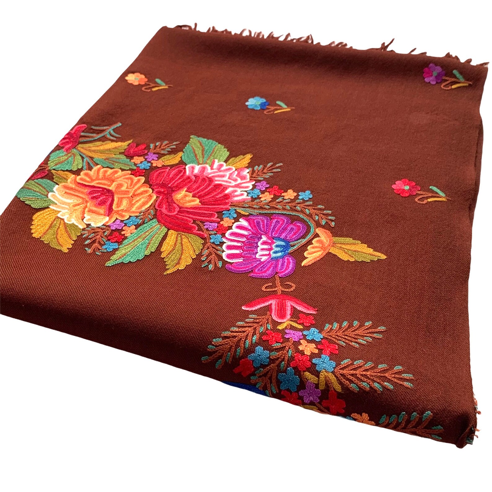Brown Wool Shawl Silk Hand Embroidered Scarf Stole Women’s Wrap 28x80 ...