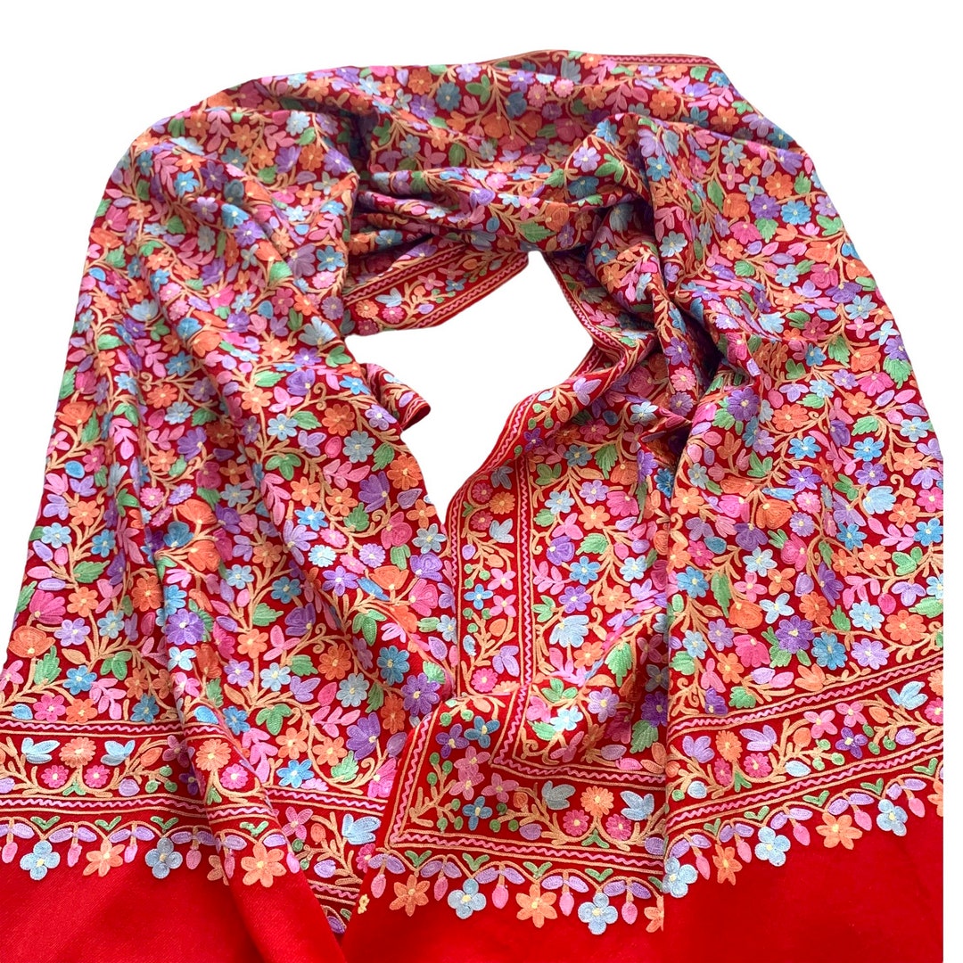Stunning Red Floral Embroidered Scarf Shawl Wrap Stole 28x80inches - Etsy