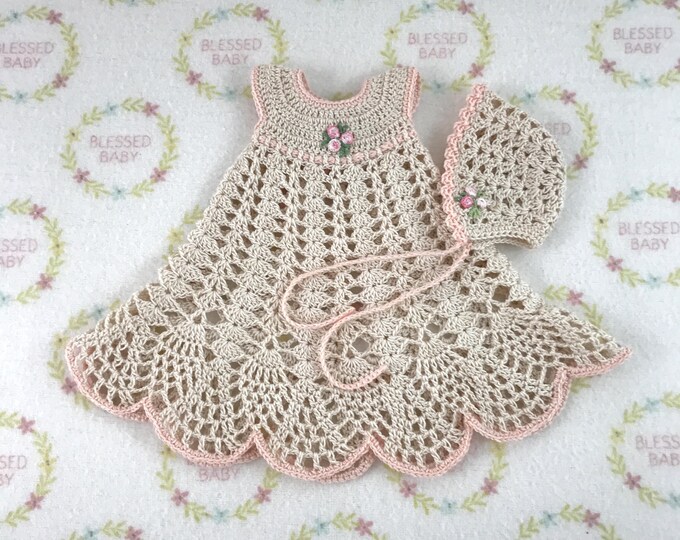 10 Inch Micro Preemie Dress and Bonnet, Crochet, Cotton Thread, Angel ...