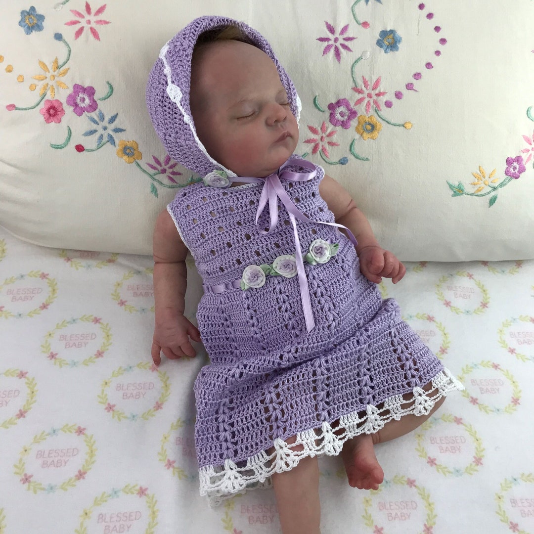 Small Newborn, Reborn, Dress and Bonnet, Crochet Cotton, Baby Girl ...