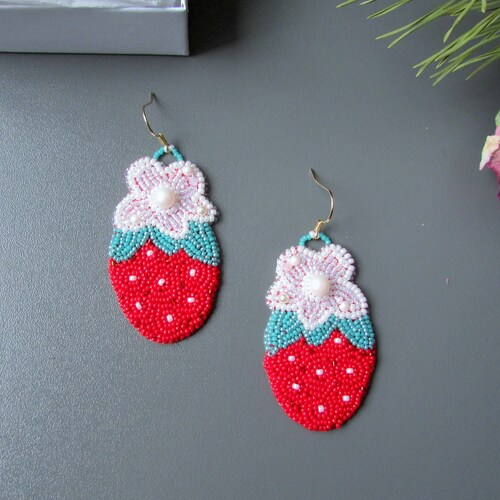 Beaded Strawberry Earrings Embroidered Fruit Jewelry Statement - Etsy