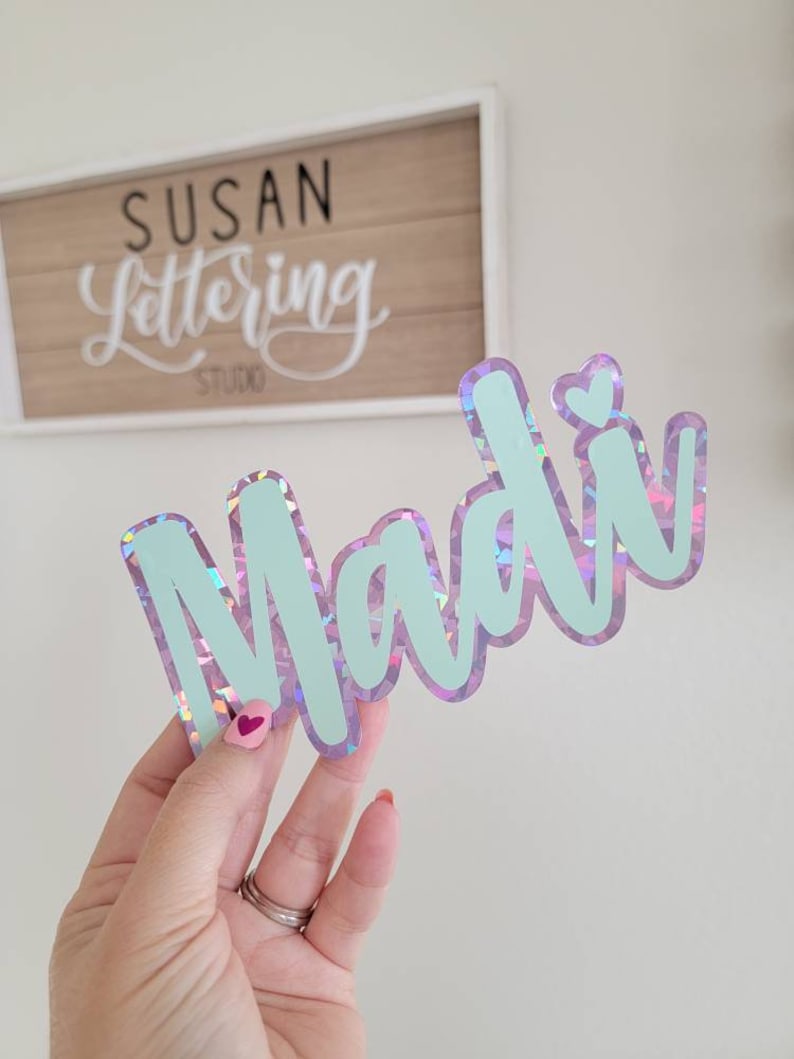 4" Length Layered Name Decal | Heart Script Font Name Decal Holographic ...