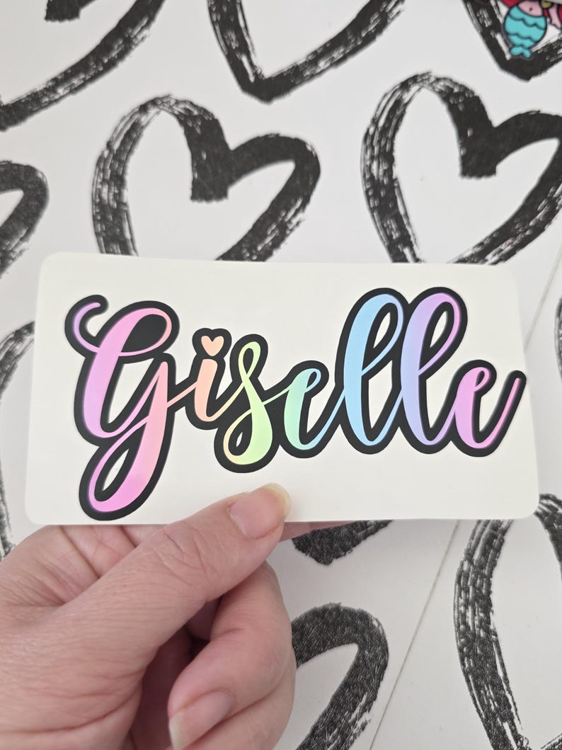 4" Length Layered Name Decal | Heart Script Font Name Decal Holographic ...