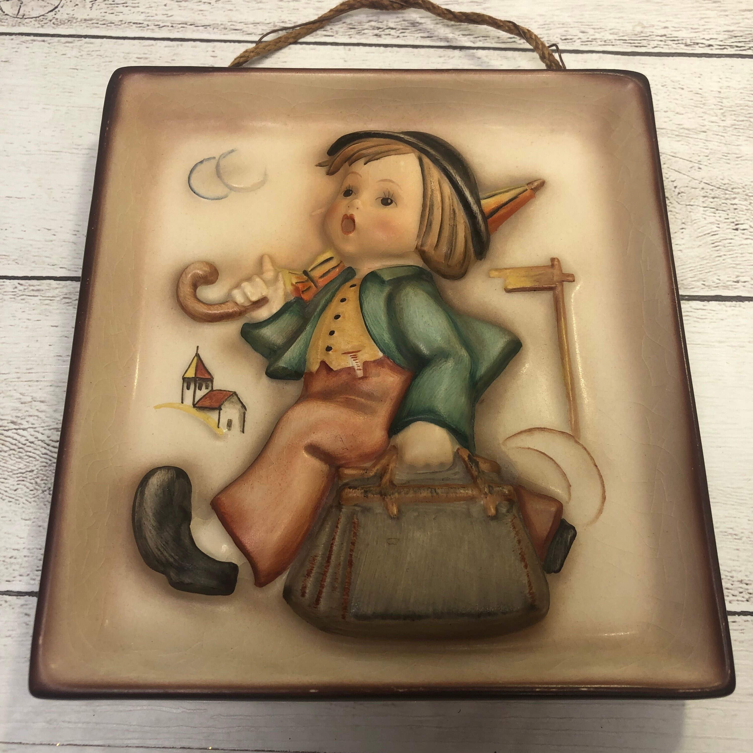 Set of Two Vintage GOEBEL HUMMEL Wall Plaques Boy W/umbrella & Case and ...