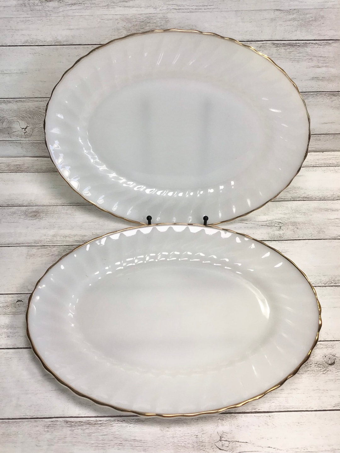 Set of Two (2) Vintage 13” Anchor Hocking White Swirl Milk Glass Gold ...