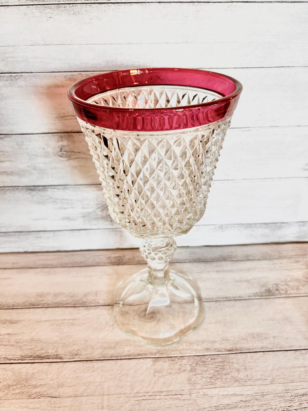 Vintage King’s Crown Ruby Flash Diamond Point Large Footed Vase ...