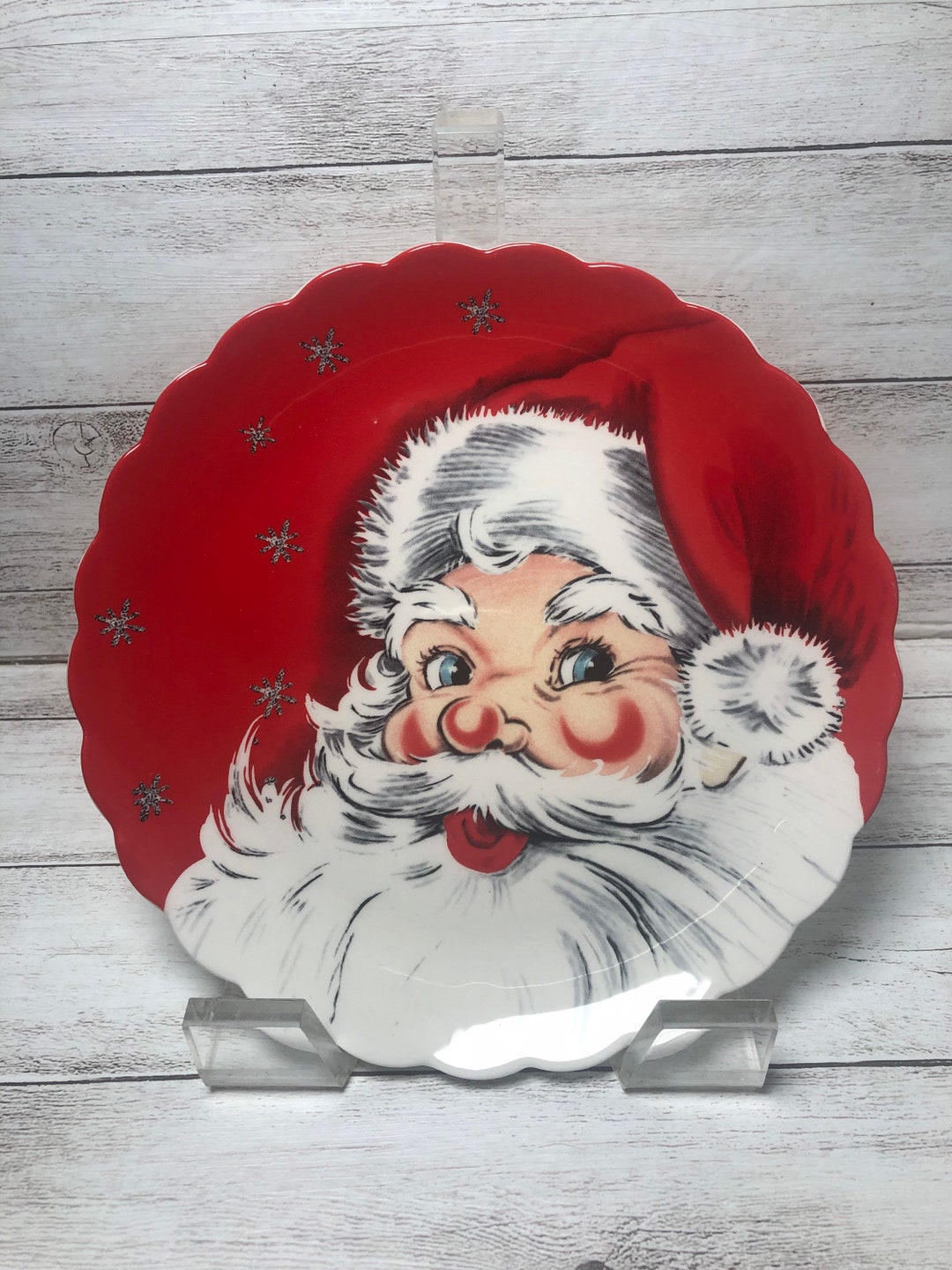Vintage Christmas Graphic Jolly Santa Face Red Background 8” Scalloped ...
