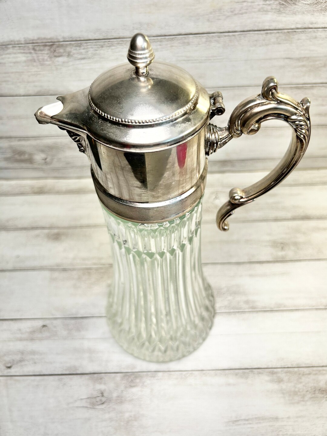 Vintage Pressed Glass Carafe With Plated Hinged Lid and Handle, Ornate ...
