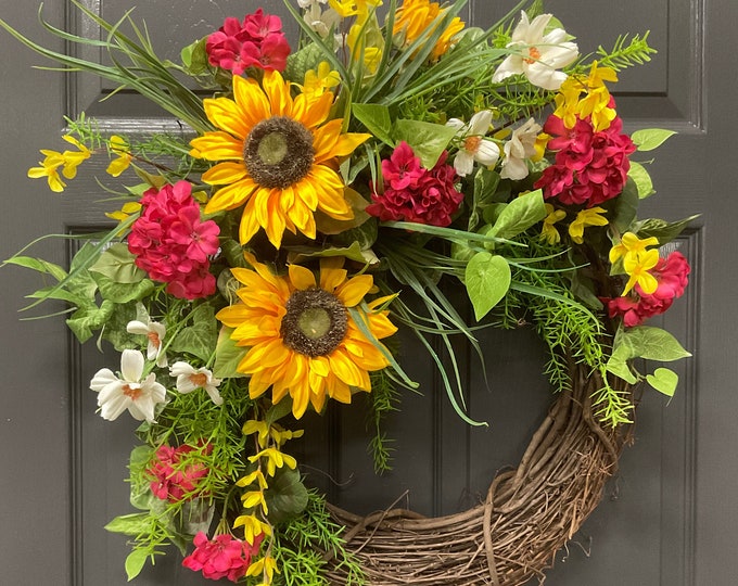 Spring and Summer Door Wreath, Sunflower Door Wreath, Pink Geraniums ...