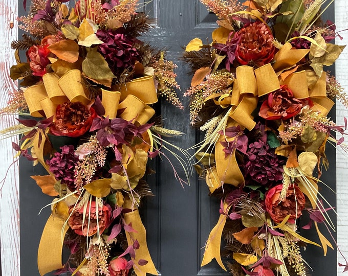 Set of Two Fall Door Swags, Burgundy Fall Swag, Front Door Autumn Swag ...