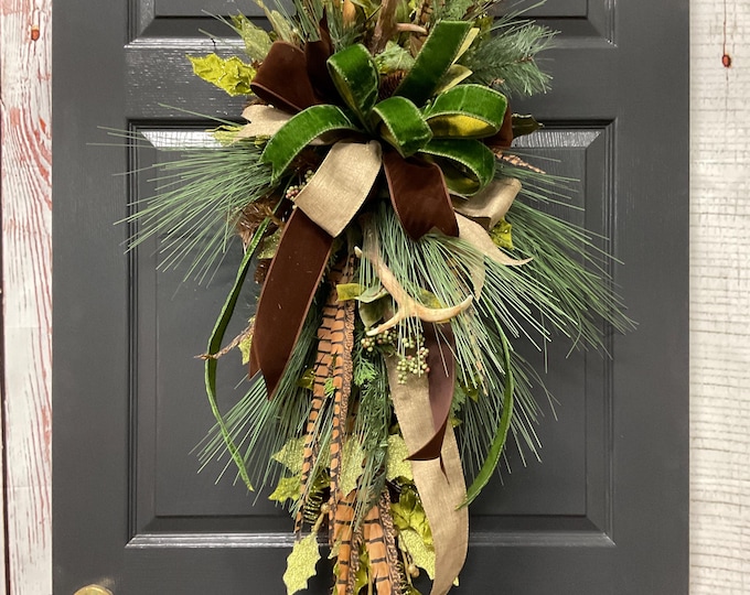 Rustic Door Swag With Deer Antlers, Pine Swag in Earth Tones, Christmas ...