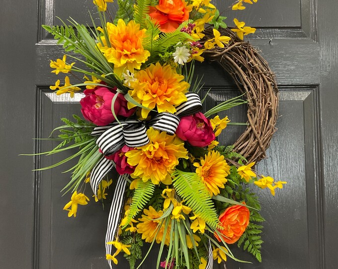 Spring Door Wreath, Spring and Summer Wreath, Yellow Forsythia Wreath ...