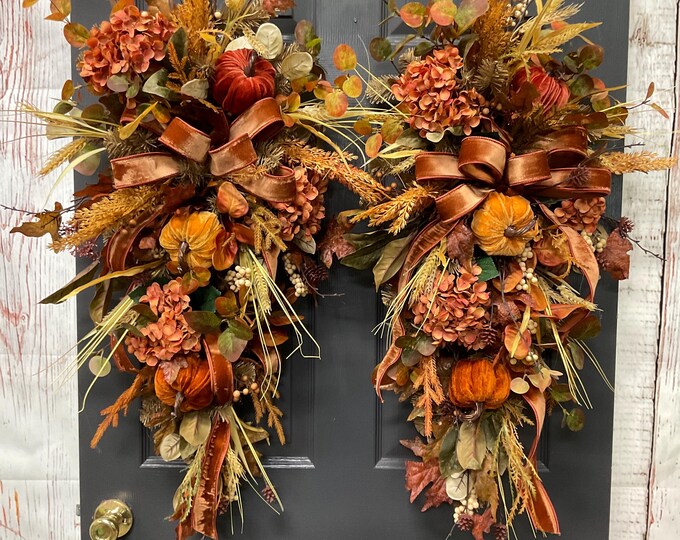 Set of Two Double Door Fall Door Swags, Copper or Rust Color, Autumn ...