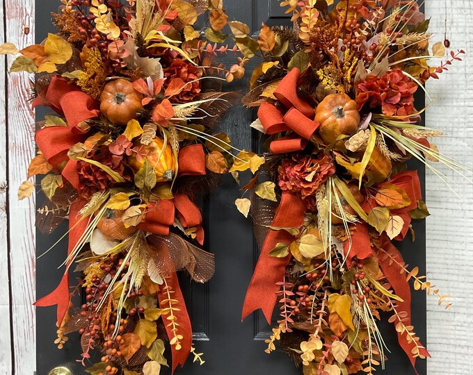 Set of Two Fall Door Swags for Double Doors, Pumpkin Swags, Autumn Door ...