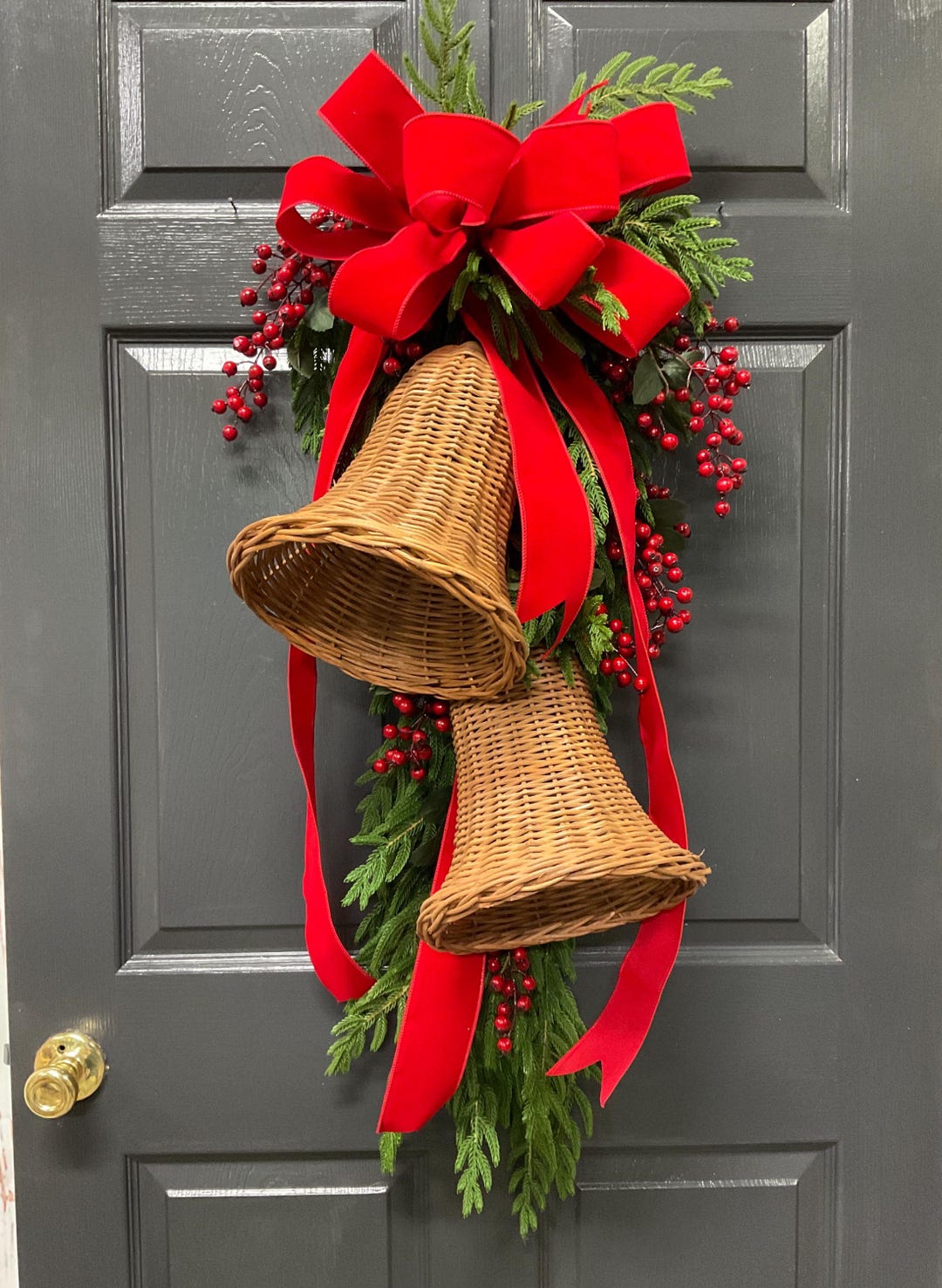 Norfolk Pine Wicker Bell Swag, Red Traditional Christmas Door ...