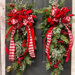 Set of Two Red and White Door Swags, Farmhouse Style Christmas Swags ...
