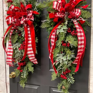 Set of Two Red and White Door Swags, Farmhouse Style Christmas Swags ...