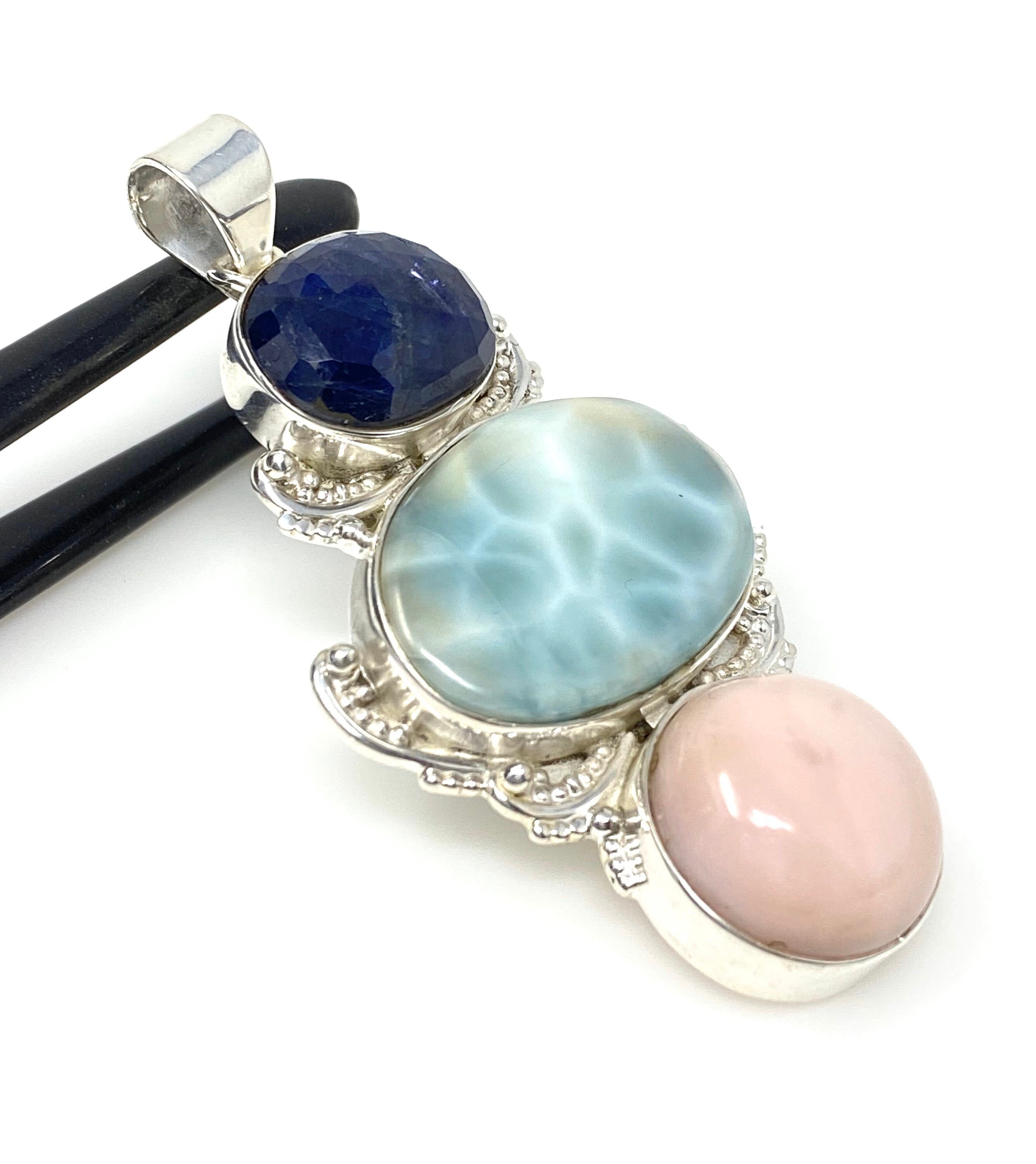 Larimar Gemstone Pendant With Blue Sapphire and Pink Opal, Wire Wrapped ...