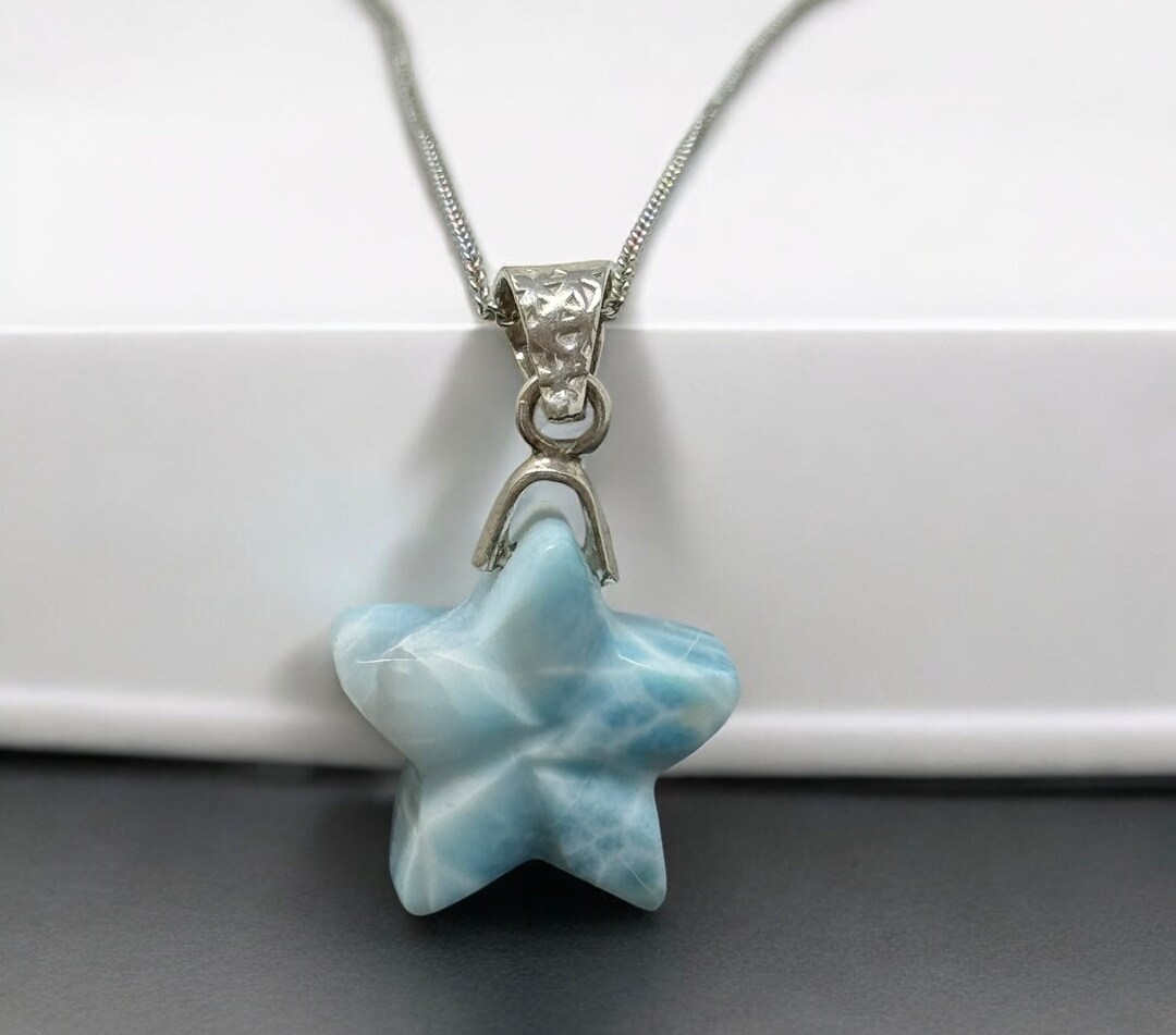 Larimar Star Necklace , Sterling Silver Hand Carved Larimar Pendant ...