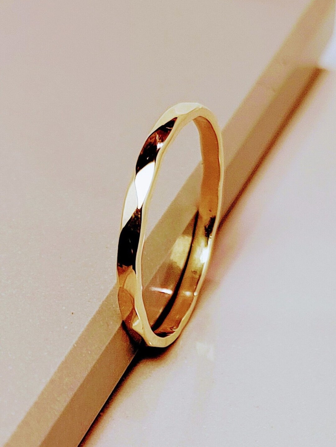 14K/10K Real Solid Gold Hammered Ring, Gold Wedding Bands, Beveled Ring ...