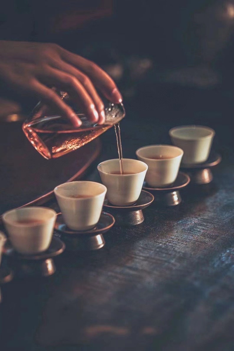 A Set of Six Porcelain Chinese Tea Cups + A Set of Six Pure Tin Vintage ...