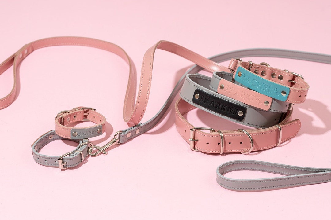 Personalized Leather Dog Collar Leash Set, Custom Collar With Name ...