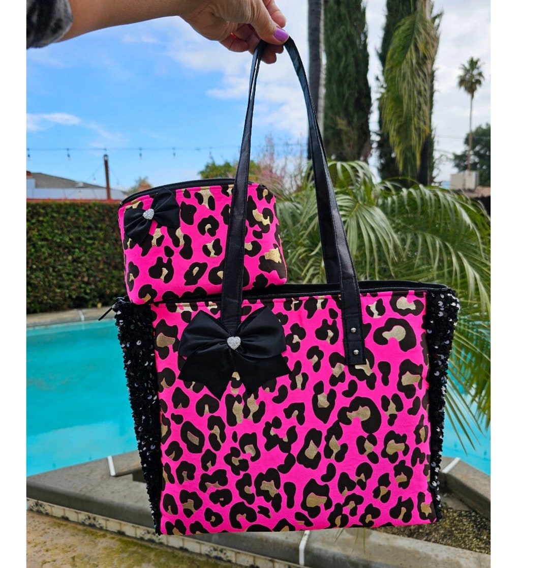 Custom Handbag Neon Pink Cheetah Leopard Black Sparkle Matching Makeup ...
