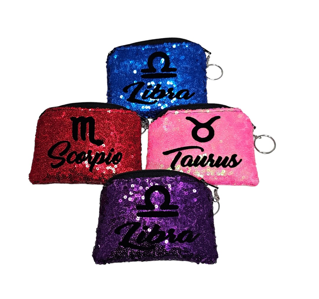 Zodiac Sign Sparkly Coin Purse Keychain Wallet Flat Pouch ID Holder ...