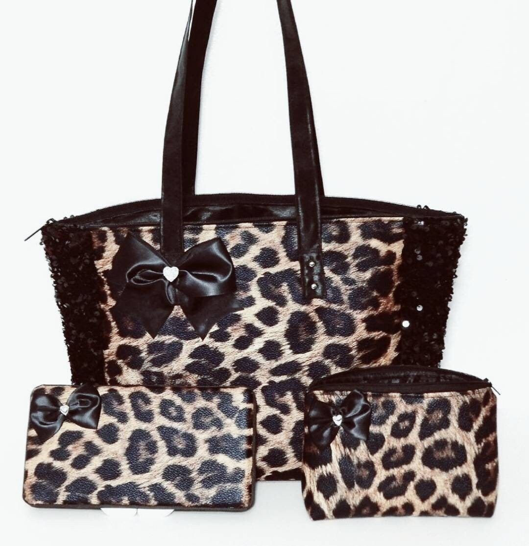 Custom Handbag Cheetah Leopard Black Sparkle. Matching Makeup Bag ...