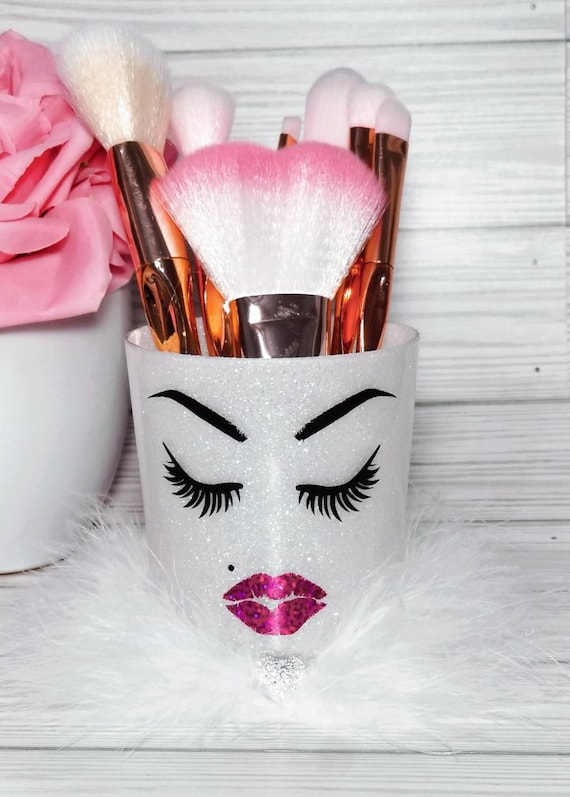 White Glitter Makeup Holder Brushes Lashes Lips Pink Lipstick Kiss Glam Face Heart Sparkle Bling Vanity Decor Feathers ACRYLIC Cup Etsy