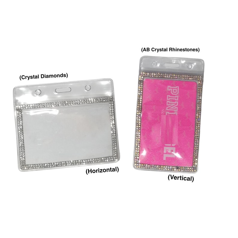 Horizontal Vertical ID Badge Holder Rhinestones Transparent Clear Zip ...