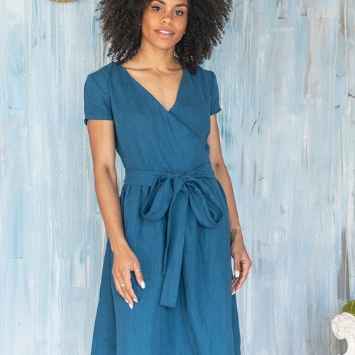 Linen Wrap Dress DARA in Midi Length / Summer Dresses for - Etsy