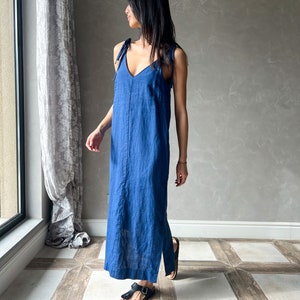 Linen Blue Slip Dress, Linen Pinafore Dress, Long Sleeveless Dress ...