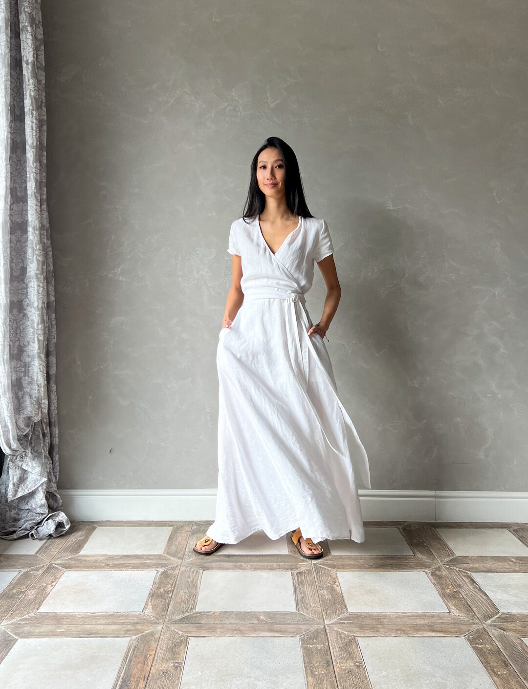 Linen White Wrap Dress, Modest Boho Wedding Dress, Plus Size Linen ...