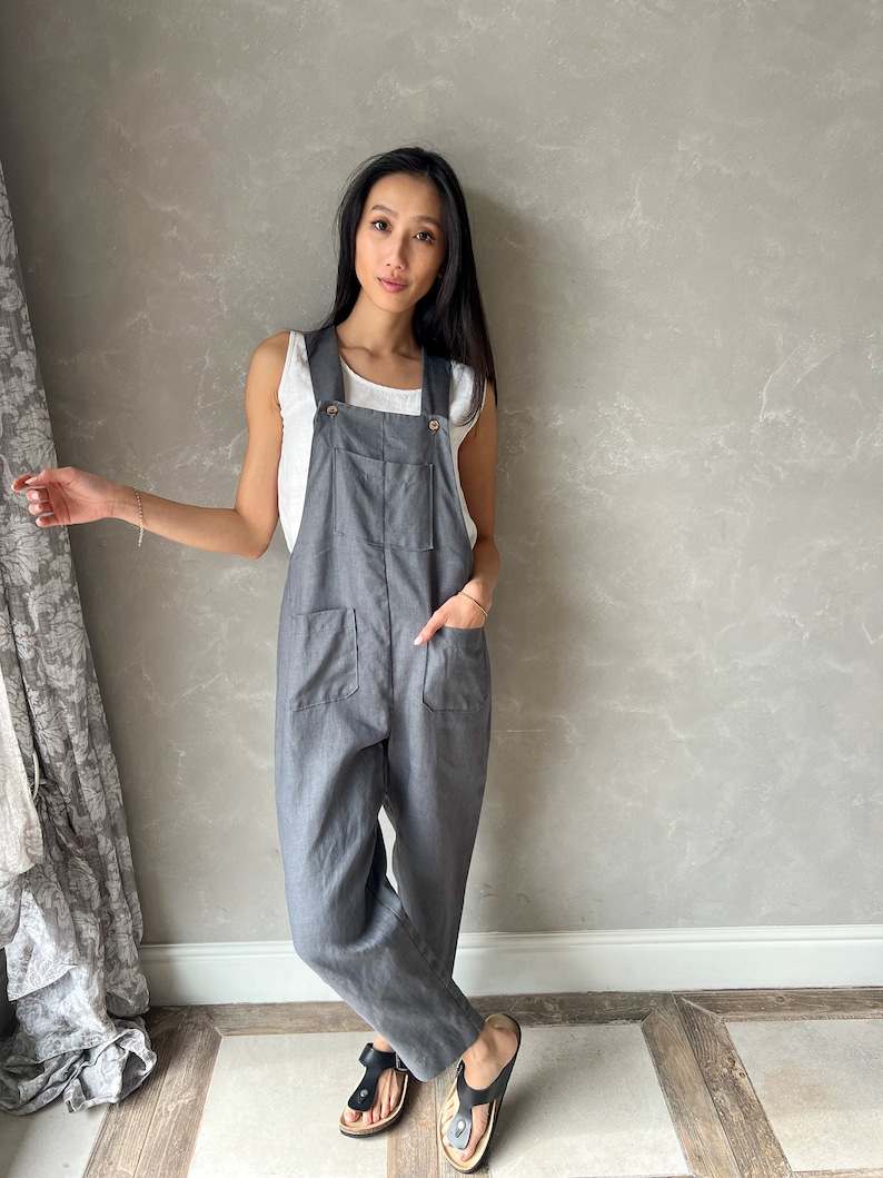 Gray Linen Overalls, Sleeveless Summer Jumpsuit, Plus Size Dungarees ...