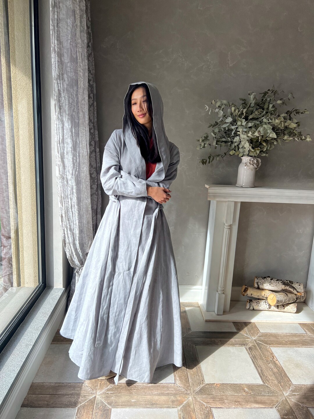 Hooded Linen Jacket Women, Long Linen Cloak, Maxi Linen Coat, Linen ...