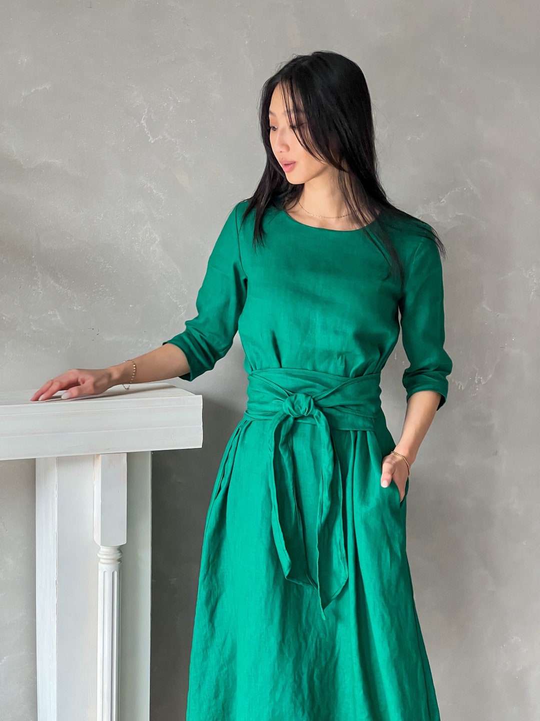 Linen Multiway Dress, Linen Wrap Dress, Emerald Green Convertible Dress ...