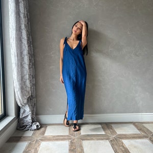 Linen Blue Slip Dress, Linen Pinafore Dress, Long Sleeveless Dress ...