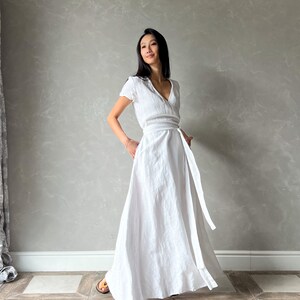 Linen White Wrap Dress, Modest Boho Wedding Dress, Plus Size Linen ...