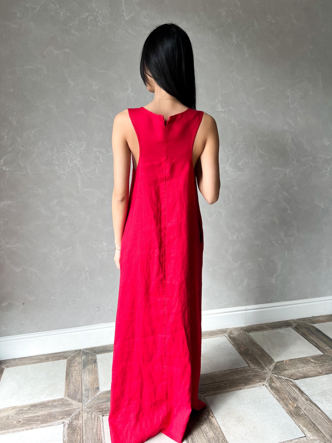 Long Linen Sleeveless Dress, Linen Racer Back Dress, Red Maxi Linen ...