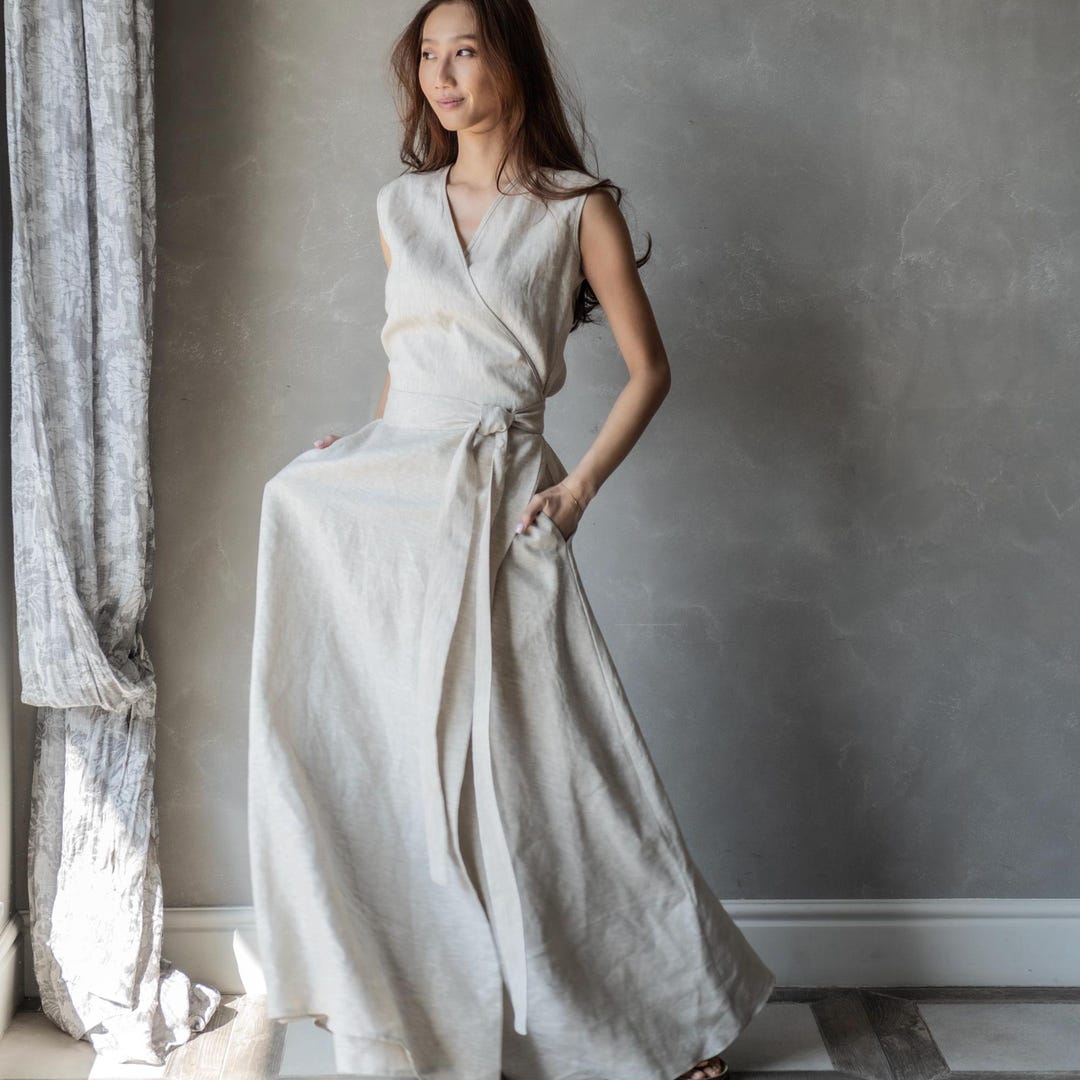 Long Linen Wrap Dress, Loose Linen Dress, Sleeveless Wrap Around Dress ...