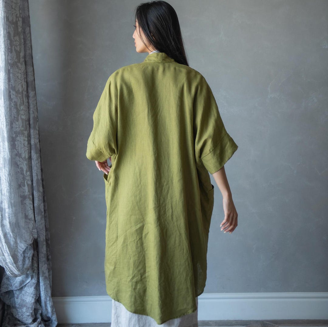Green Linen Jacket, Asymmetrical Flax Coat, Maxi Linen Cardigan, Linen ...