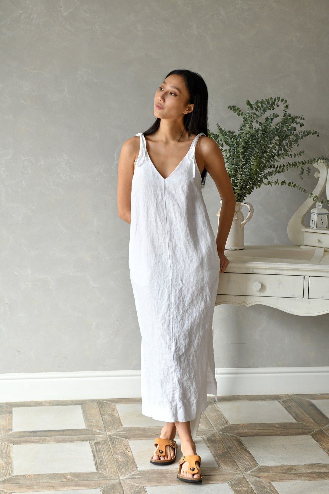 Linen White Slip Dress, Spaghetti Strap Dress, Sleeveless Summer Dress ...
