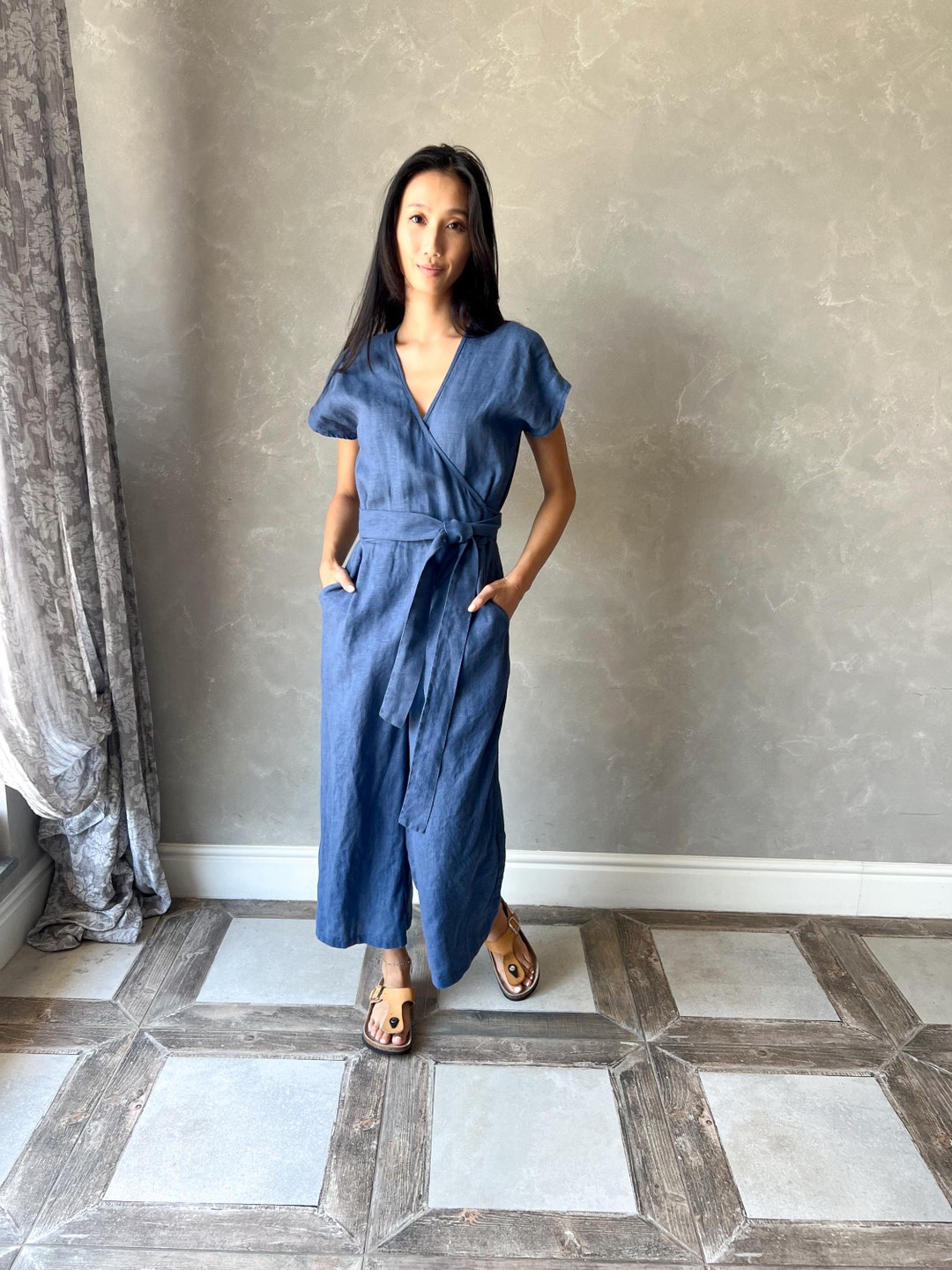 Wrap Linen Jumpsuit, Blue Overalls Women, Linen Jumpsuits Women, Harem ...