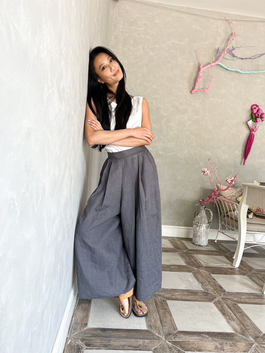 Linen Palazzo Pants, Harem Pants Women, Wide Leg Linen Trousers, Linen ...